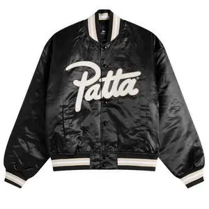 PATTA Script Logo Satin Varsity Jacket - Black