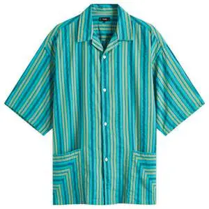 BEAMS Stripe Open Collar Shirt - Teal
