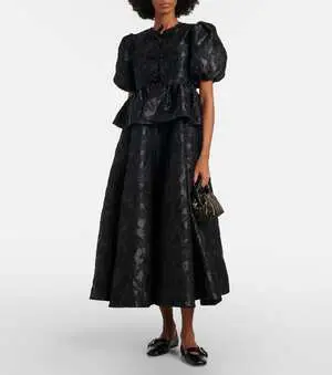GANNI Bow-detail Floral Peplum Satin Blouse - Black