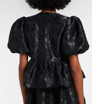 GANNI Bow-detail Floral Peplum Satin Blouse - Black