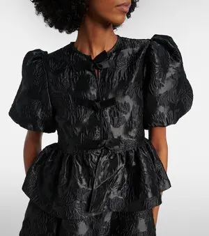 GANNI Floral Jacquard Peplum Blouse With Bow Detail - Black