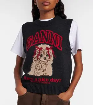 GANNI Printed Wool-blend Vest - Black