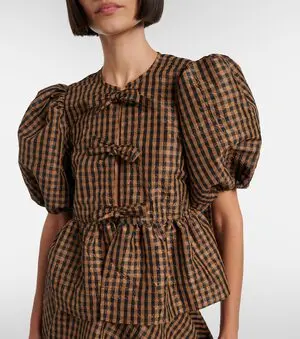 GANNI Bow-detail Checked Peplum Blouse