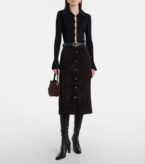 SELF-PORTRAIT Suede Midi Skirt With Buttoned Front
