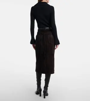 SELF-PORTRAIT Suede Midi Skirt With Buttoned Front