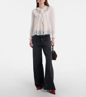 SELF-PORTRAIT Gathered Georgette And Lace Blouse