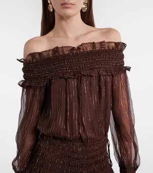 SELF-PORTRAIT Shirred Silk-blend Georgette Maxi Dress