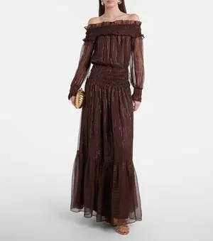 SELF-PORTRAIT Shirred Silk-blend Georgette Maxi Dress