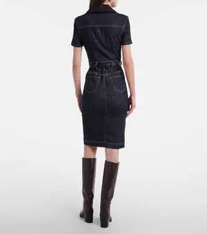 SELF-PORTRAIT Belted Denim Midi Dress