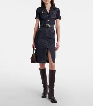 SELF-PORTRAIT Belted Denim Midi Dress