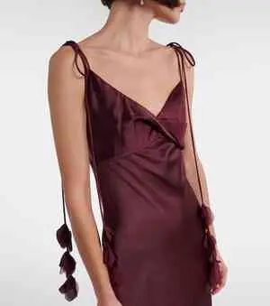 SELF-PORTRAIT Floral-applique Satin Slip Dress - Burgundy
