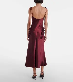 SELF-PORTRAIT Floral-applique Satin Slip Dress - Burgundy