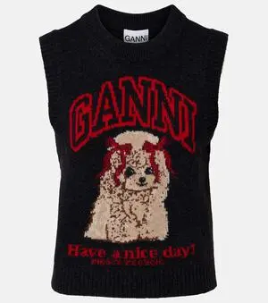 GANNI Printed Wool-blend Vest - Black