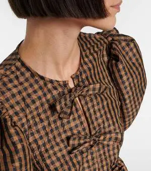GANNI Bow-detail Checked Peplum Blouse - Brown