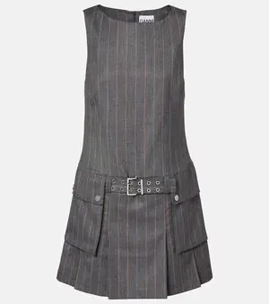 GANNI Belted Pinstripe Mini Dress - Grey