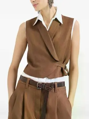 Brunello Cucinelli Diagonal Buckle Linen Gilet - Brown