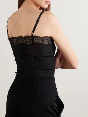 Saint Laurent Scalloped Lace-trimmed Ribbed Silk-jersey Tank - Black