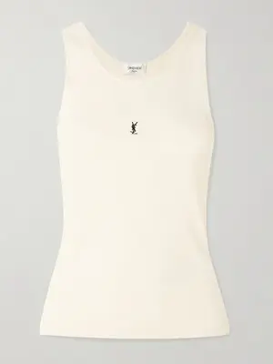 Saint Laurent Cassandre Embroidered Ribbed Tank - Neutrals