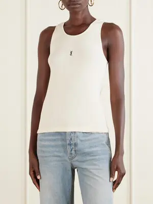 Saint Laurent Cassandre Embroidered Ribbed Tank - Neutrals
