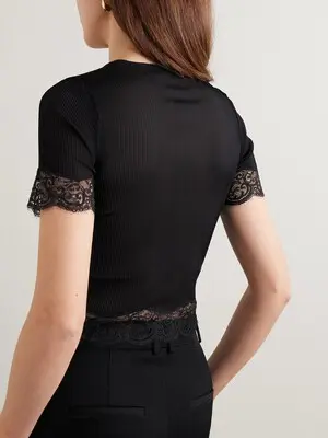 Saint Laurent Scalloped Lace-trimmed Ribbed Henley Top - Black