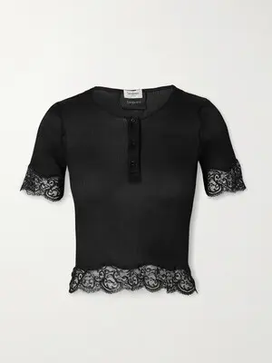 Saint Laurent Scalloped Lace-trimmed Ribbed Henley Top - Black