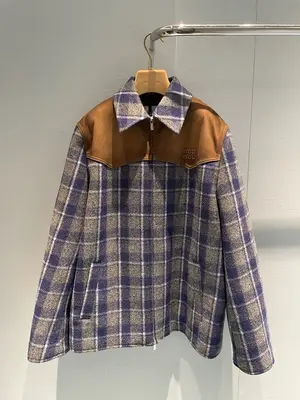 Miu Miu Plaid Zip Up Jacket - Blue Plaid, Brown