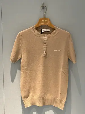 Miu Miu Short Sleeve Camel Henley Cashmere