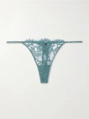 Kiki De Montparnasse Camille Stretch-silk Satin-trimmed Organic Cotton-lace Thong - Green