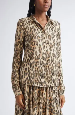St. John Leopard Print Silk Georgette Shirt