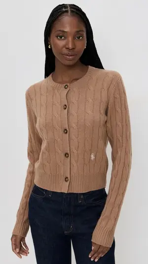 SPORTY & RICH Cable Knit Cashmere Cardigan - Camel