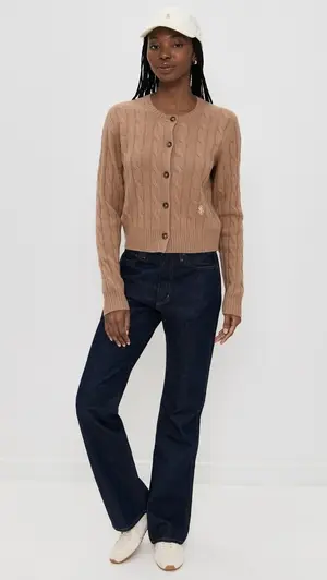 SPORTY & RICH Cable Knit Cashmere Cardigan - Camel