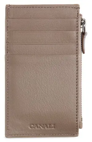 Canali Tumbled Calfskin Card Holder With Zip - Dark Beige