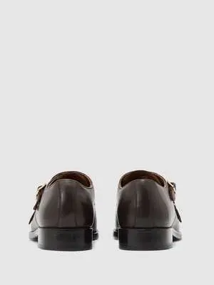 REISS Amalfi Leather Double Monk Strap Shoes - Dark Brown