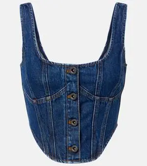 SELF-PORTRAIT Embellished Denim Crop Top - Blue