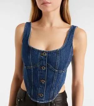 SELF-PORTRAIT Embellished Denim Crop Top - Blue