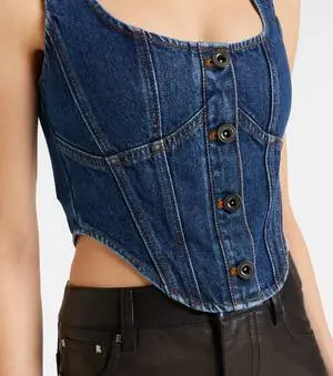 SELF-PORTRAIT Embellished Denim Crop Top - Blue