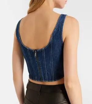SELF-PORTRAIT Embellished Denim Crop Top - Blue