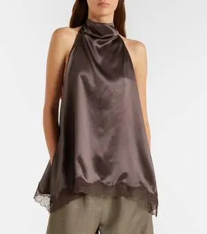 Magda Butrym Floral-appliqué Lace-trimmed Silk Satin Top - Brown