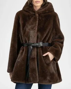 LYLA GRANT Fur-free Faux Mink Hooded Coat - Brown