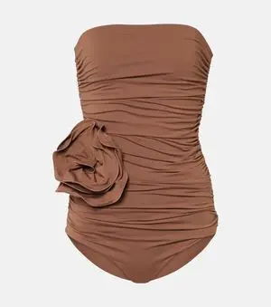 Magda Butrym Floral-appliqué Ruched Swimsuit - Brown