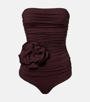 Magda Butrym Floral-appliqué Ruched Swimsuit - Burgundy