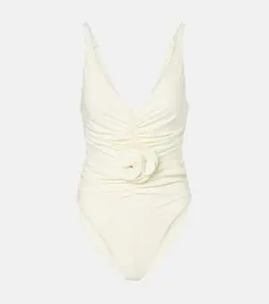 Magda Butrym Floral-appliqué Ruched Swimsuit - White