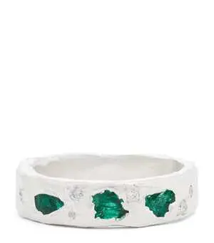 THE OUZE Sterling And Emerald Scatter Ring - Silver