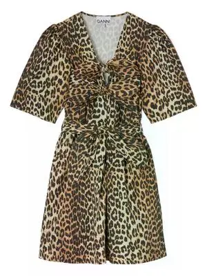 GANNI Leopard-print Knotted V-neck Short Sleeve Dress - Brown