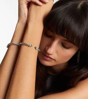 David Yurman Cable Flex Sterling Bracelet With Blue Topaz And Diamonds