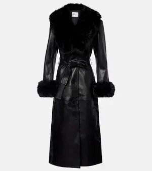 SELF-PORTRAIT Belted Leather Coat With Fur Trim