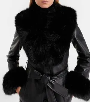 SELF-PORTRAIT Belted Leather Coat With Fur Trim