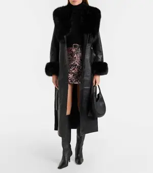 SELF-PORTRAIT Belted Leather Coat With Fur Trim