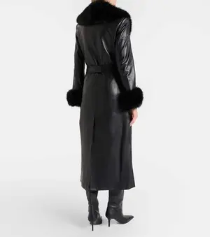 SELF-PORTRAIT Belted Leather Coat With Fur Trim