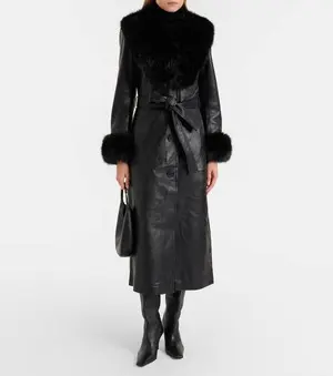 SELF-PORTRAIT Belted Leather Coat With Fur Trim